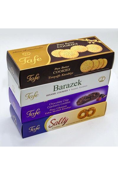 Tafe Tereyağlı Kurabiye140 gr - Barazek Susamlı Kurabiye100 gr -Parça Çikolatalı Yaban Mersinli Kurabiye140g - Salty Tuzlu Gevrek Çörek100 gr Tafe Tereyağlı Kurabiye140 gr - Barazek Susamlı Kurabiye100 gr -Parça Çikolatalı Yaban Mersinli Kurabiye140g - Salty Tuzlu Gevrek Çörek100 gr
