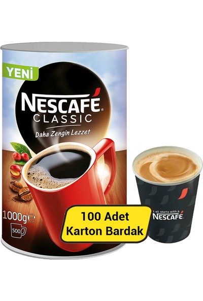 Nescafe Classic Hazır Granül Kahve 1 kg + Karton Bardak 7 Oz 100'lü Nescafe Classic Hazır Granül Kahve 1 kg + Karton Bardak 7 Oz 100'lü