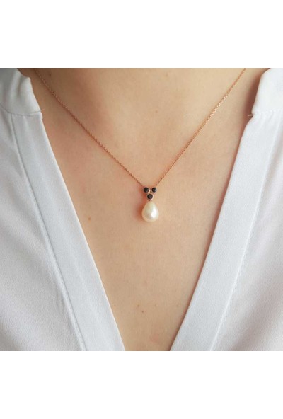 Cng Gümüş Siyah Taşlı Tria Doğal Damla Incili Gümüş Kadın Kolye