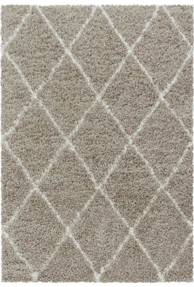 Ayyıldız Halı Baklava Kare Desen Bej & Beyaz Desenli Shaggy Halı