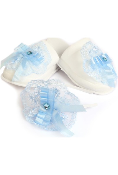 Azebu Fiyonklu Mavi Boncuklu Lohusa Kadife Terlik ve Tacı