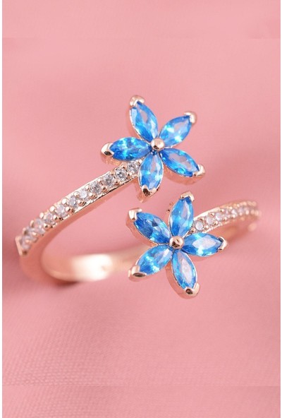 Melodi 14K Rose Altın Kaplama Unutma Beni Çiçeği Taşlı Ayarlanabilir Ölçü Kadın Yüzük