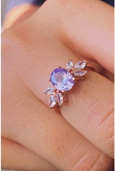 Melodi 14K Rose Gold Kaplama Lila Taşlı Ayarlanabilir Ölçü Kadın Yüzük