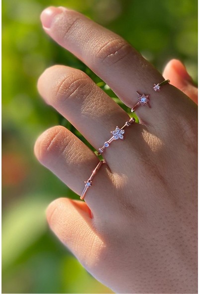 Melodi 14K Rose Gold Kaplama Üçlü Eklem Yüzük Seti