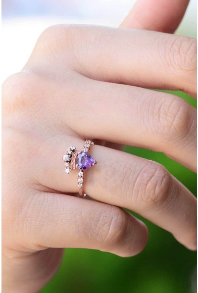 Melodi 14K Rose Gold Kaplama Prenses Tacı Mor Taşlı Yüzük