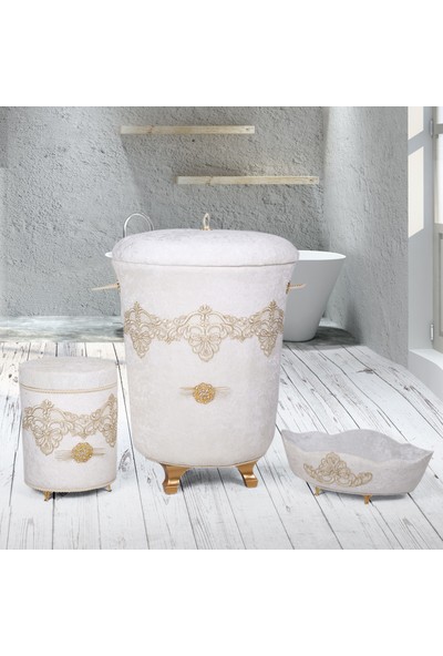 Bonny Home 3'lü Kadife Çeyizlik Dantelli Banyo Kirli Çamaşır Sepeti Seti