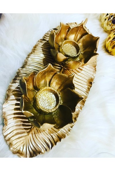 Elifay Kokulu Taş Gold Yapraklı Lotus Mumluk
