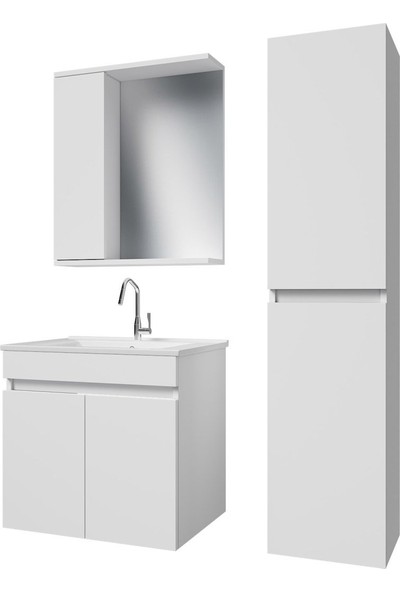 Banos KT3 Ayaksız 2 Kapaklı Lavabolu Beyaz Mdf 65 cm Banyo Dolabı + Aynalı Banyo Üst Dolabı + Banyo Boy Dolabı