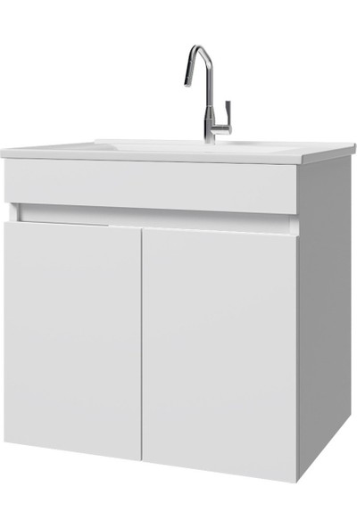 Banos LD3 Ayaksız 2 Kapaklı Lavabolu Beyaz Mdf 65 cm Banyo Dolabı