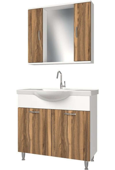 Banos KL5 Metal Ayaklı 2 Kapaklı Lavabolu Tesbih Mdf 80 cm Banyo Dolabı + Aynalı Banyo Üst Dolabı