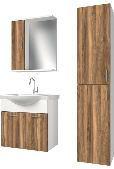 Banos KT6 Ayaksız 2 Kapaklı Lavabolu Tesbih Mdf 65 cm Banyo Dolabı + Aynalı Banyo Üst Dolabı + Banyo Boy Dolabı