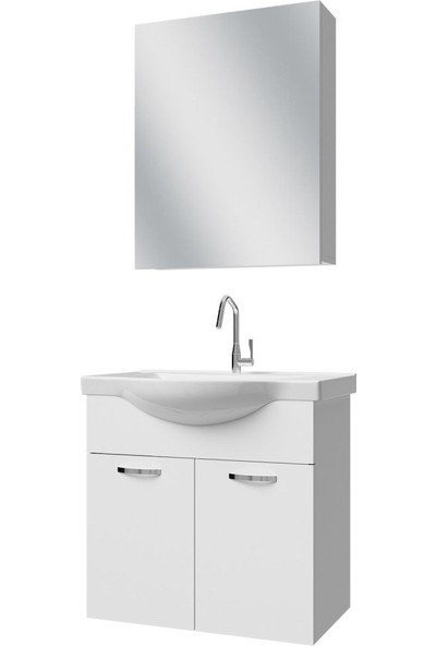 Banos AL2 Ayaksız 2 Kapaklı Lavabolu Beyaz Mdf 65 cm Banyo Dolabı + Aynalı Banyo Üst Dolabı