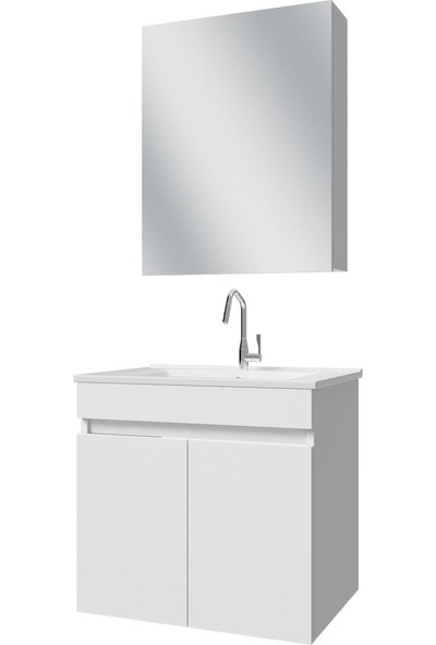 Banos AL3 Ayaksız 2 Kapaklı Lavabolu Beyaz Mdf 65 cm Banyo Dolabı + Aynalı Banyo Üst Dolabı