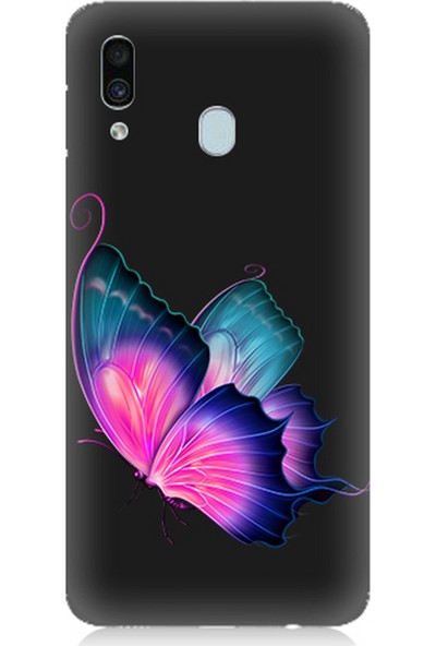 Teknomeg Samsung Galaxy A20 Mor Kelebek Desenli Kabartma Kılıf Siyah