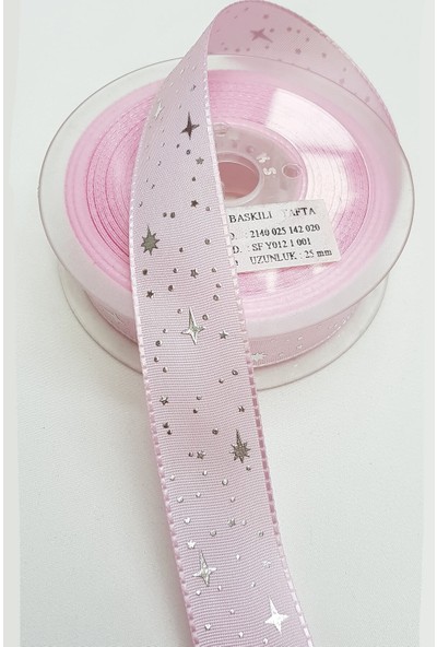 Pembe Yıldız Varak Baskılı Tafta Kurdele 2,5cm