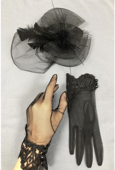 Siyah Vualet Şapka ve Dantel Eldiven Siyah Vualet Şapka ve Dantel Eldiven