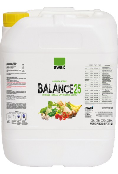 Awax Balance Humik-Fulvik Asit Sıvı Organik Gübre 20 Lt