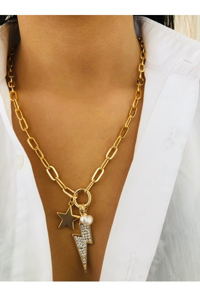 bioaksesuar Kadın Gold Renk Şimşek Figürlü Çelik Zincir Kolye