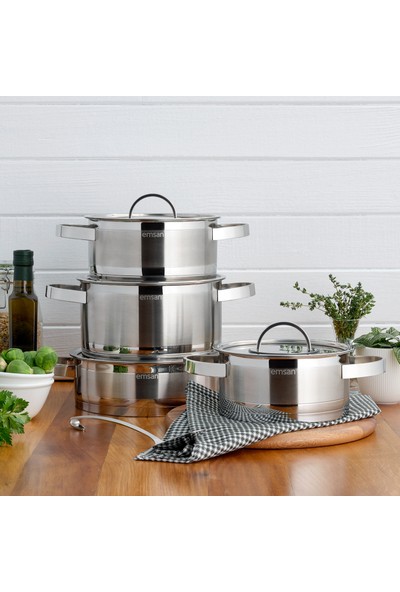 Emsan Karya İndüksiyon Tabanlı 8 Parça Paslanmaz Çelik Tencere Seti Emsan Karya İndüksiyon Tabanlı 8 Parça Paslanmaz Çelik Tencere Seti