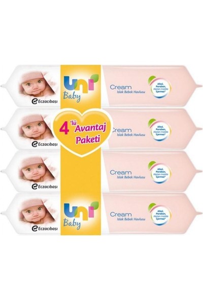 Uni Baby Cream Islak Havlu Mendil 4 Paket x 56 Uni Baby Cream Islak Havlu Mendil 4 Paket x 56