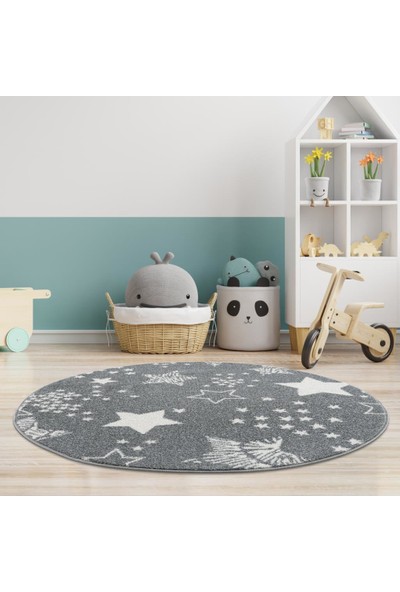 Vinosa Home Anıme Yuvarlak Gri Renk Yıldızlı Bebek ve Çocuk Odası Halısı