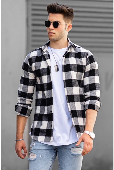 Madmext Ekoseli Beyaz Gömlek 4664 Madmext Ekoseli Beyaz Gömlek 4664