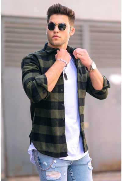 Madmext Ekoseli Haki Gömlek 4664