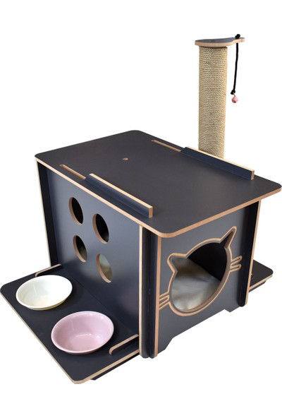 GoraPet Indigo Kedi Evi Kulübesi Minderli Mama Su Kabı ve Tırmalamalı