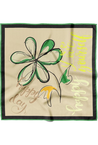 Kadın Yonca Desenli Bandana 50X50 Yeşil Bej DG0236