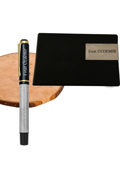 Ahsap Sehri Kişiye Özel Metal Kartvizitlik ve Besmele Figürlü İmza Kalem Set