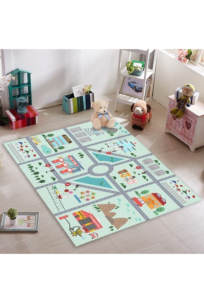 Karnaval Home Karnaval Şehir Temalı Eğlenceli Yol Çocuk Odası Halısı