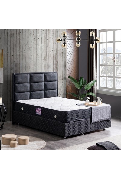 Setay Grande Tek Kişilik Baza Başlık Delüx Yatak Seti Keten Antrasit Gri