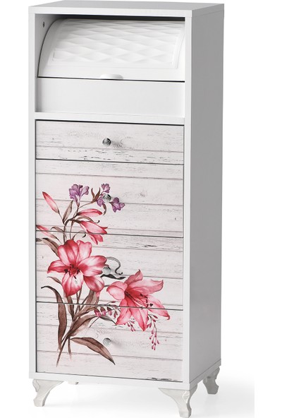 Evistro Ahşap Bombeli Çekmeceli Mutfak Kiler Dolabı Ekmeklik Pembe Zambak Kurulu