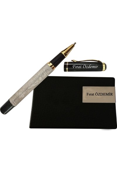 Ahşap Şehri Kişiye Özel Metal Kartvizitlik ve Mevlana Kabartmalı Kalem Set