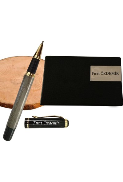Ahşap Şehri Kişiye Özel Metal Kartvizitlik ve Osmanlı Tuğralı İmza Kalem Set