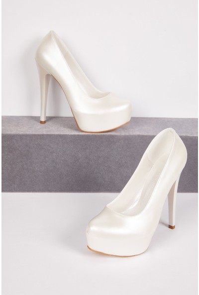 Yüksek Topuklu Önü Kapalı Beyaz Gelin Ayakkabısı