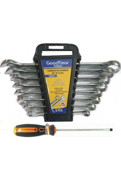 Goodyear Kombine Duz Yıldız Anahtar Takım 8 Parça Düz 8-10-12-13-14-15-17-19+Somafix Duz Tornavida Goodyear Kombine Duz Yıldız Anahtar Takım 8 Parça Düz 8-10-12-13-14-15-17-19+Somafix Duz Tornavida