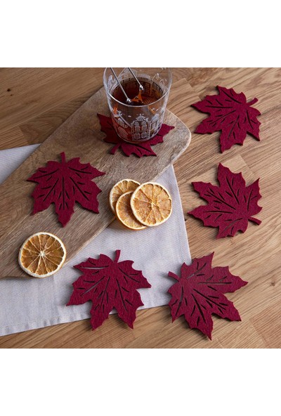 Ocean Home 6'lı Yaprak Model Bordo Keçe Bardak Altlığı