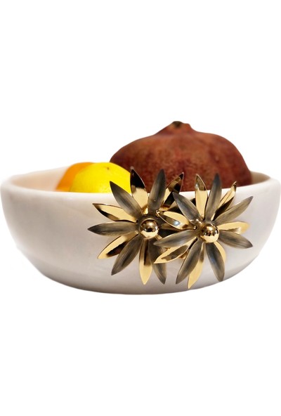 Lux & Marble Solis Bowl - Pirinç Çiçek Aksesuarlı Beyaz Mermer Kase Lux & Marble Solis Bowl - Pirinç Çiçek Aksesuarlı Beyaz Mermer Kase
