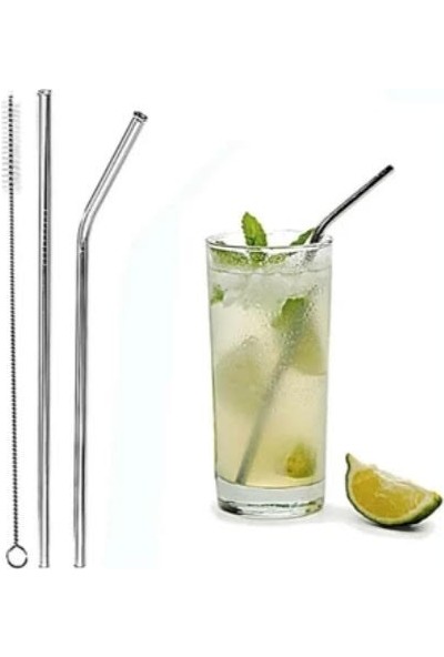 Yeni11 Krom 2 Li Çelik Pipet + Temizleme Fırçası Yıkanabilir Pipet