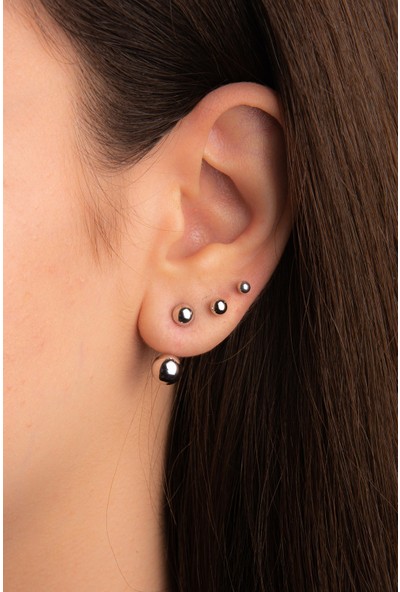 Hiç Gümüş Üçlü Top Kombin Altın Kaplama Gümüş Küpe 925 Ayar