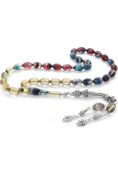 Tesbihname 925 Ayar Gümüş Çift Püsküllü Arpa Kesim Bonibon Ateş Kehribar Tesbih