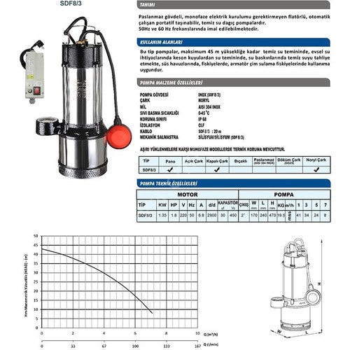 Sumak Sdf8/3 Paslanmaz Dalgıç 2 Hp - 2'' Çıkışlı - 44 mt Fiyatı