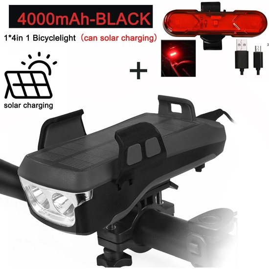 4000MAH Siyah D Stili 5 In 1 LED Bisiklet Işık Ön USB Şarj Fiyatı