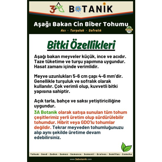 3A Botanik Aşağı Bakan Cin Biber Tohumu, Yerli ve Fiyatı 3A Botanik Aşağı Bakan Cin Biber Tohumu, Yerli ve Fiyatı