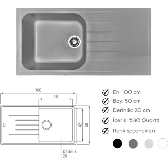 Vosh Granit Evye Açık Gri Tek Gözlü Mutfak Evyesi 100 x 50 Fiyatı