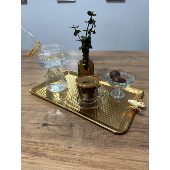 Evine Al Gold Kelebek Desenli Metal Sunum Tepsisi 30X20CM 1 Fiyatı