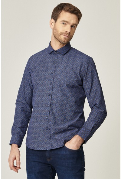 AC&Co / Altınyıldız Classics Tailored Slim Fit Dar Kesim İtalyan Yaka Baskılı Gömlek