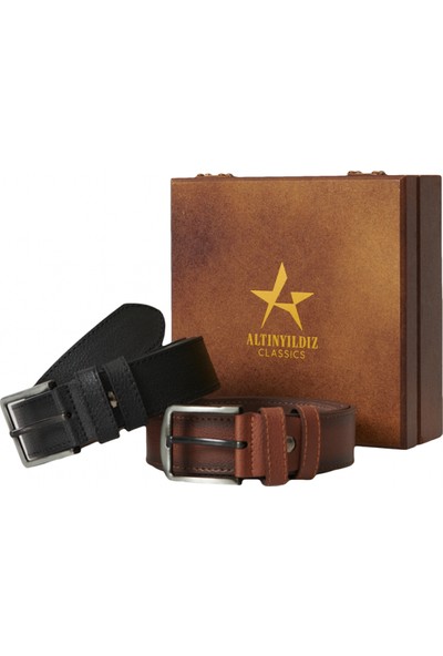 Altınyıldız Classics Siyah-Kahverengi 2'li Kot Kemeri Seti