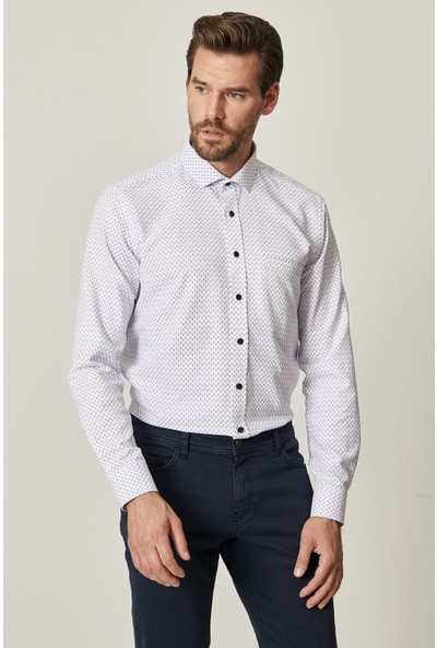 Altınyıldız Classıcs Erkek Beyaz-Lacivert Tailored Slim Fit Dar Kesim Küçük İtalyan Yaka Baskılı Gömlek Altınyıldız Classıcs Erkek Beyaz-Lacivert Tailored Slim Fit Dar Kesim Küçük İtalyan Yaka Baskılı Gömlek